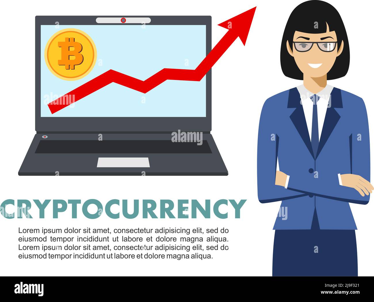 Businesswoman with computer. Bitcoin sign, digital currency ...