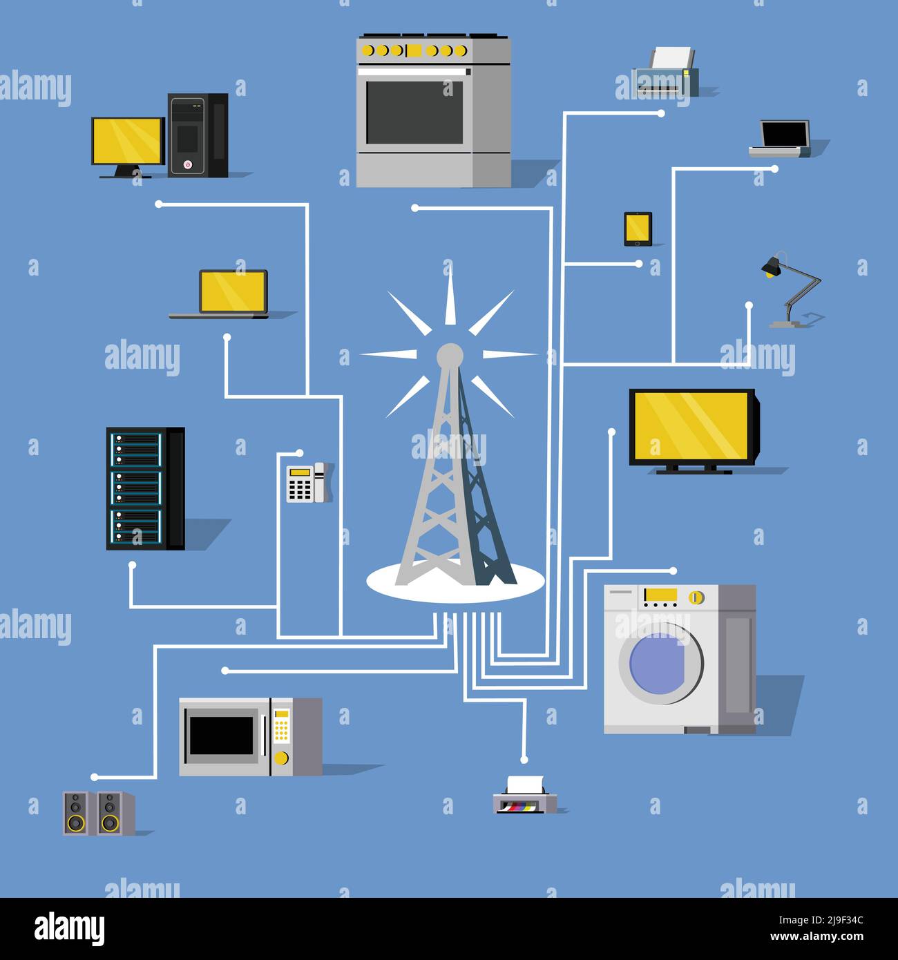Wireless connection concept with radio tower transmitting wifi signal ...