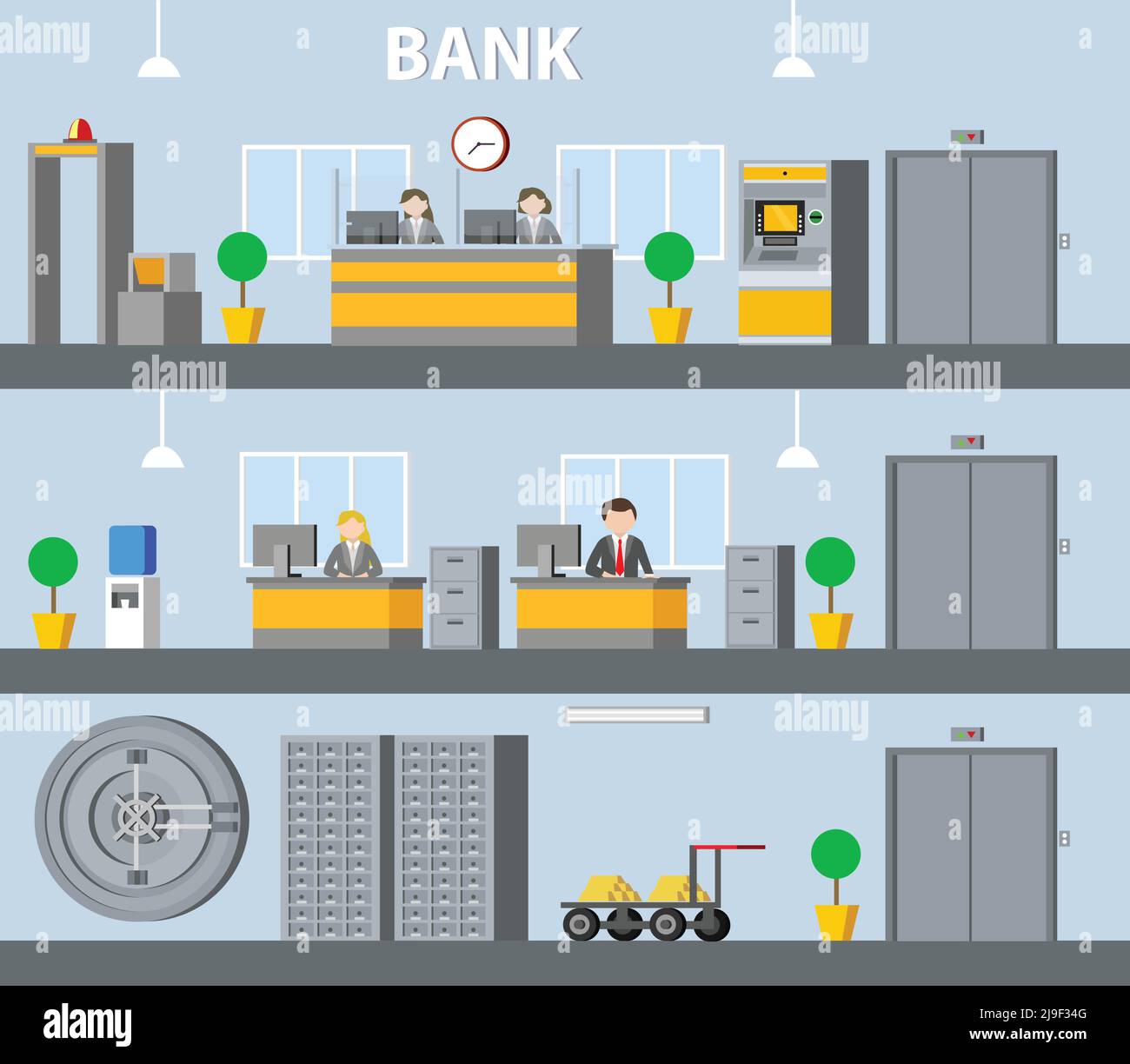Bank interior horizontal banners with reception manager workplace atm ...