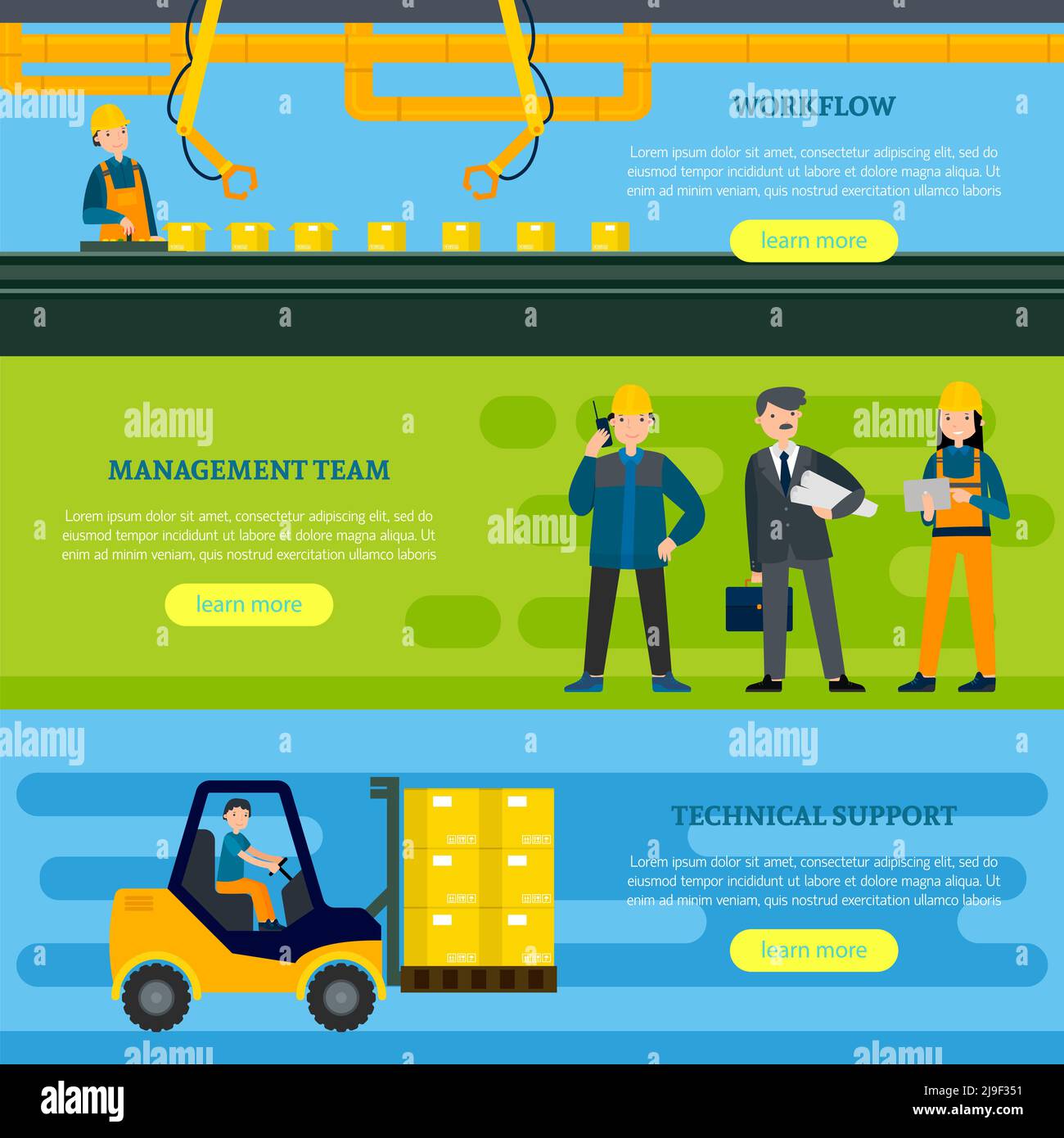 Industrial horizontal banners with employees packaging management and ...