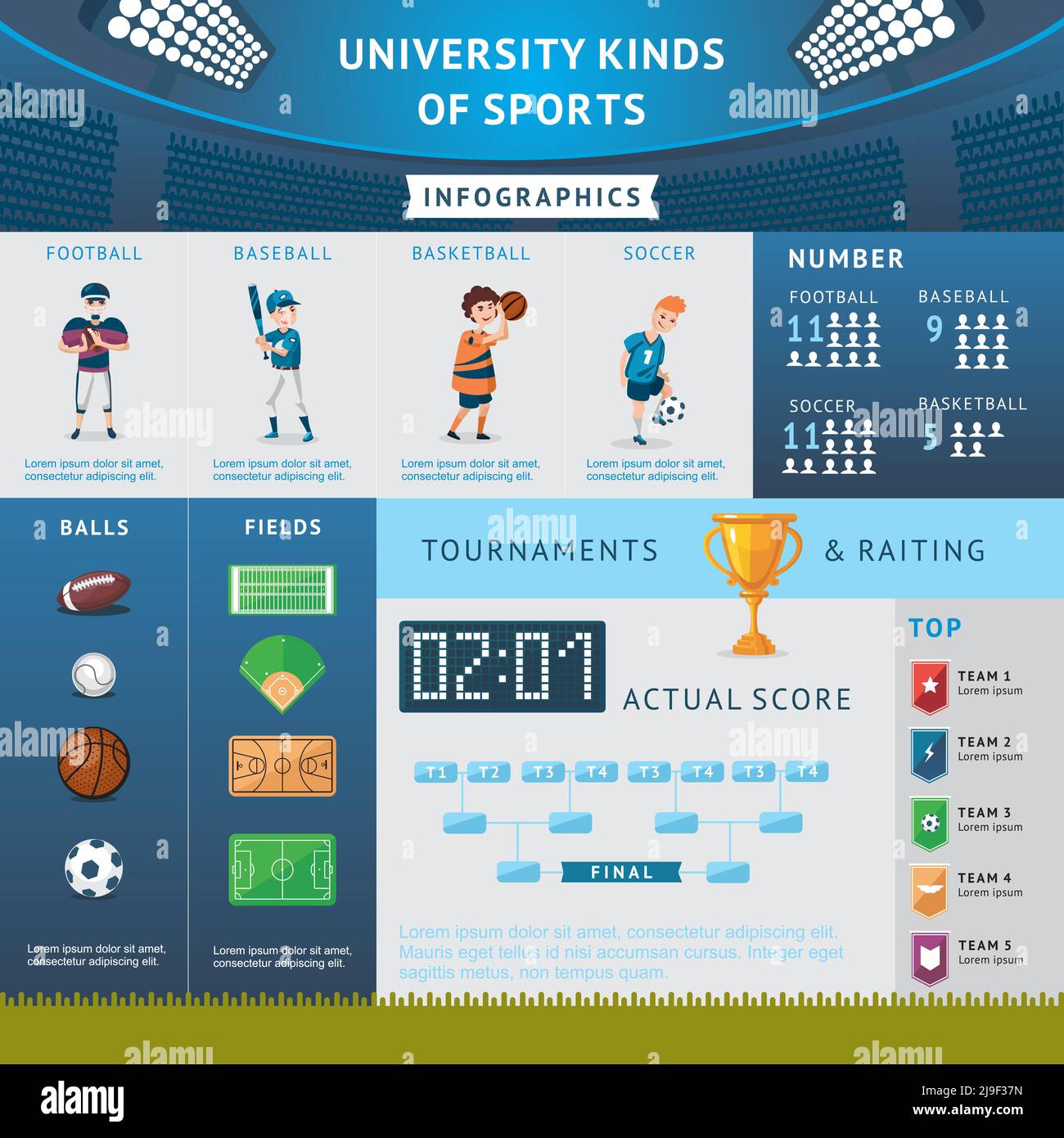 University sport infographic concept with american football baseball ...