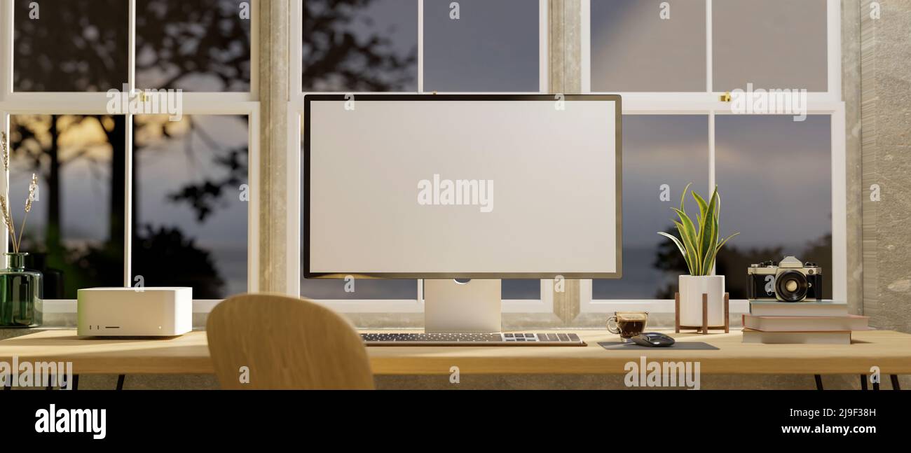 Modern home workstation interior with pc computer blank screen mockup ...