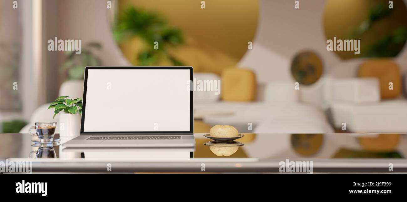Modern Tabletop Workspace With Notebook Laptop Blank Screen Mockup A