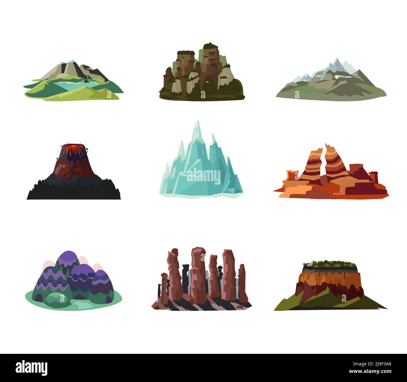 Colorful mountains icons set of different types and shapes on white ...