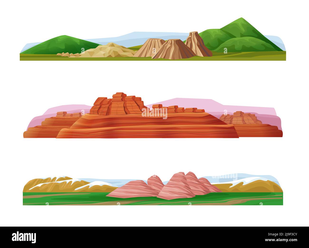 Cartoon colorful mountain landscapes set with green hills beautiful ...