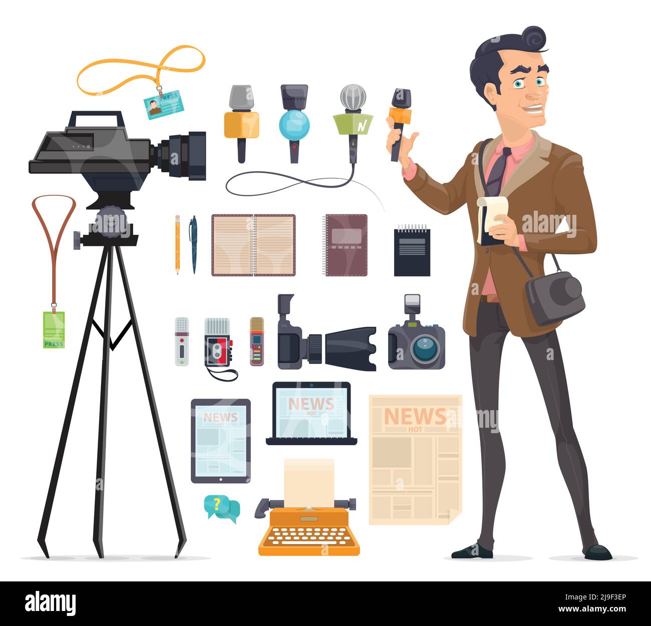Journalism elements set with reporter cameras microphones devices ...