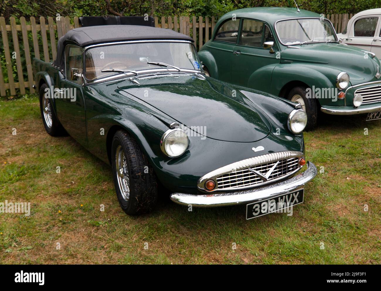 Three-quarters front view of a Green, 1961, Daimler SP250, on display ...