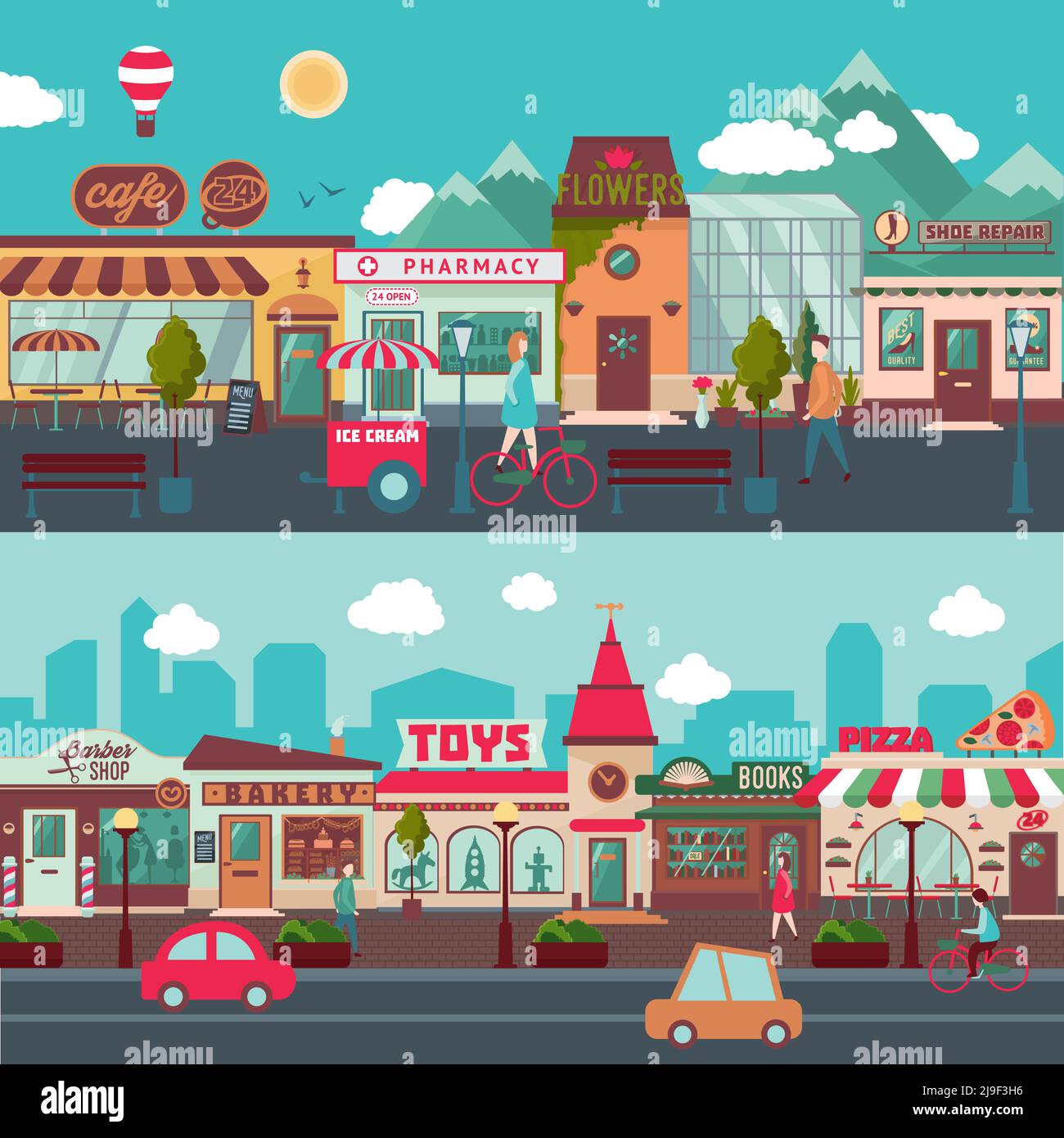 Shopping street horizontal banners with people moving cars facades of ...