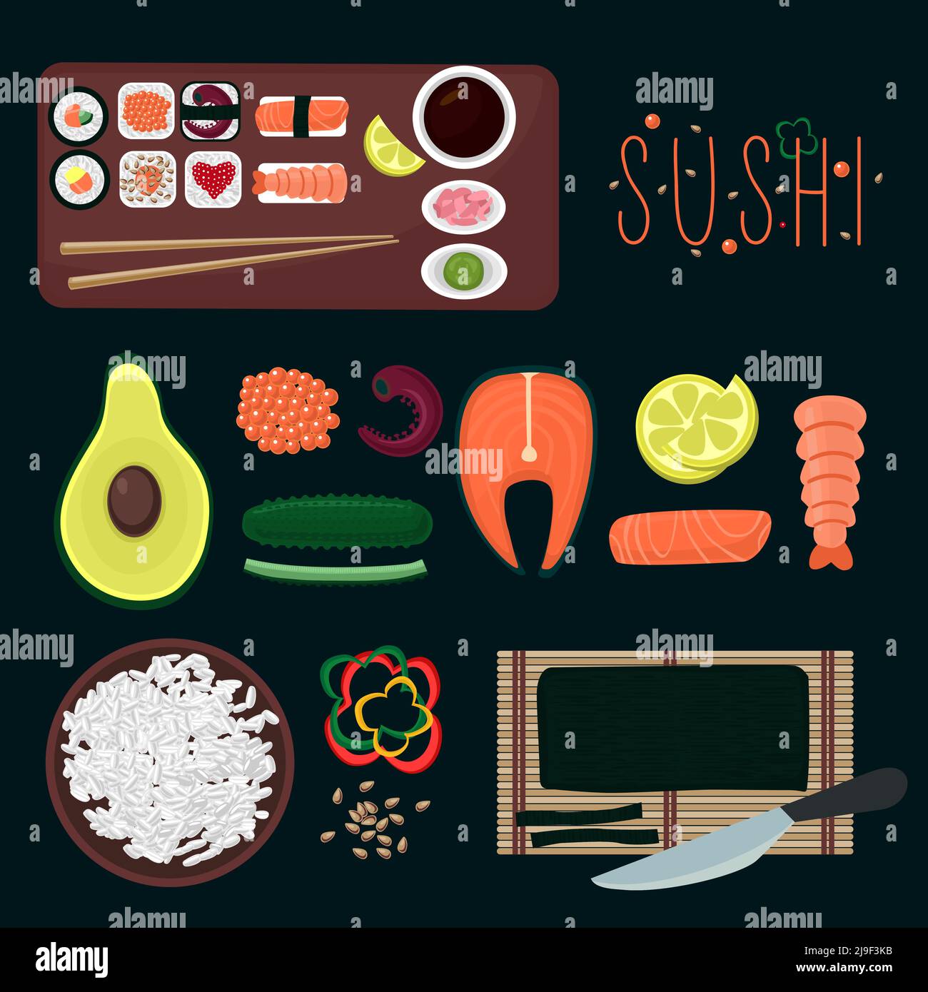 Sushi elements collection with rice seaweed vegetables fish caviar ...