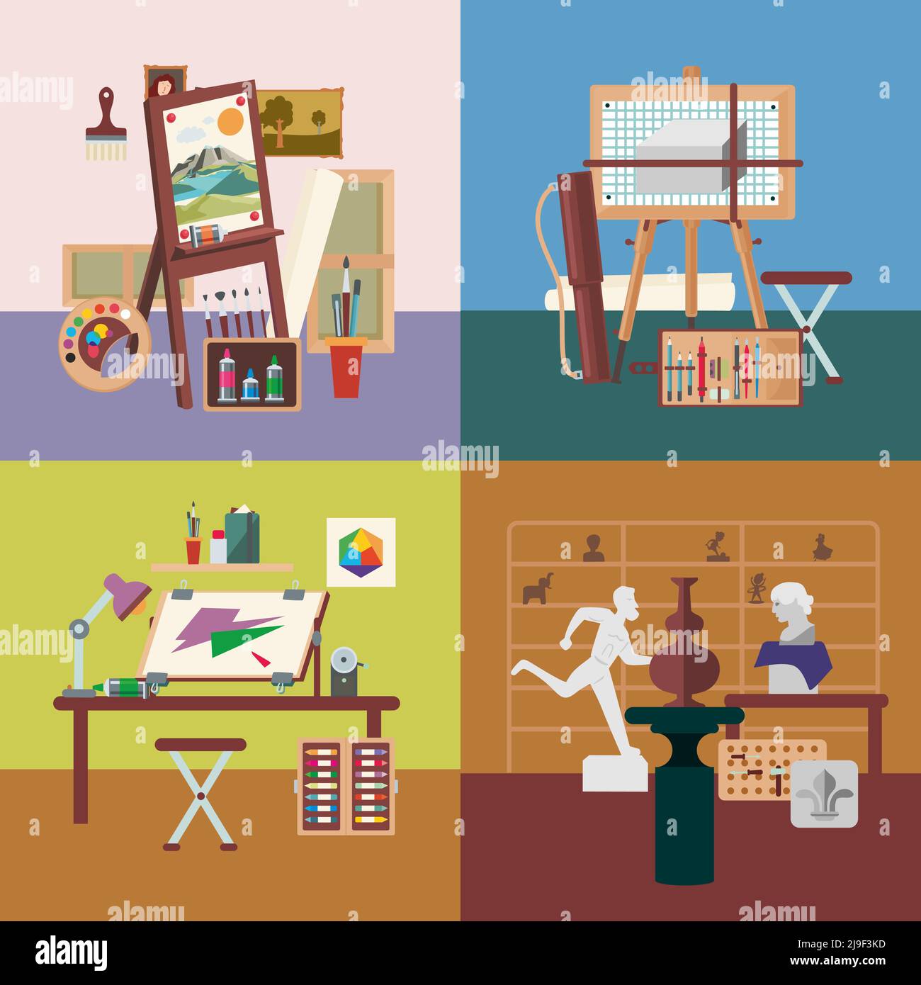 Art studio interiors square concept with professional painting graphic ...