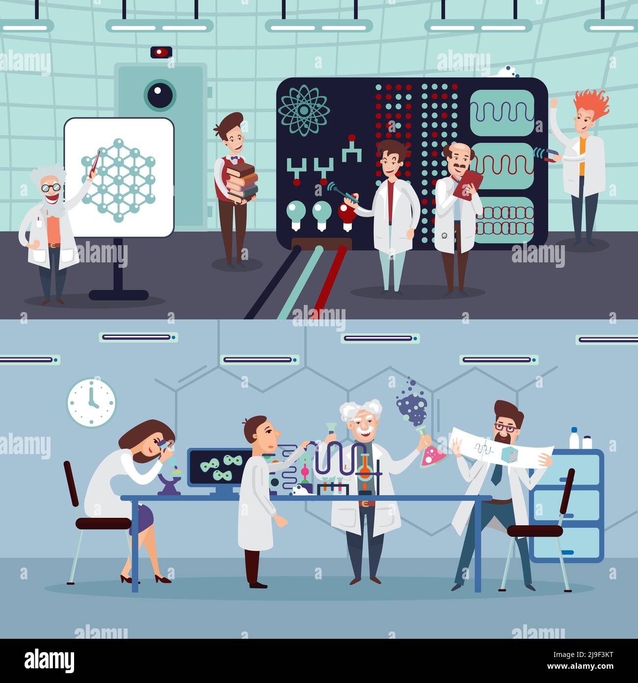 Scientific research horizontal banners with group of scientists doing ...