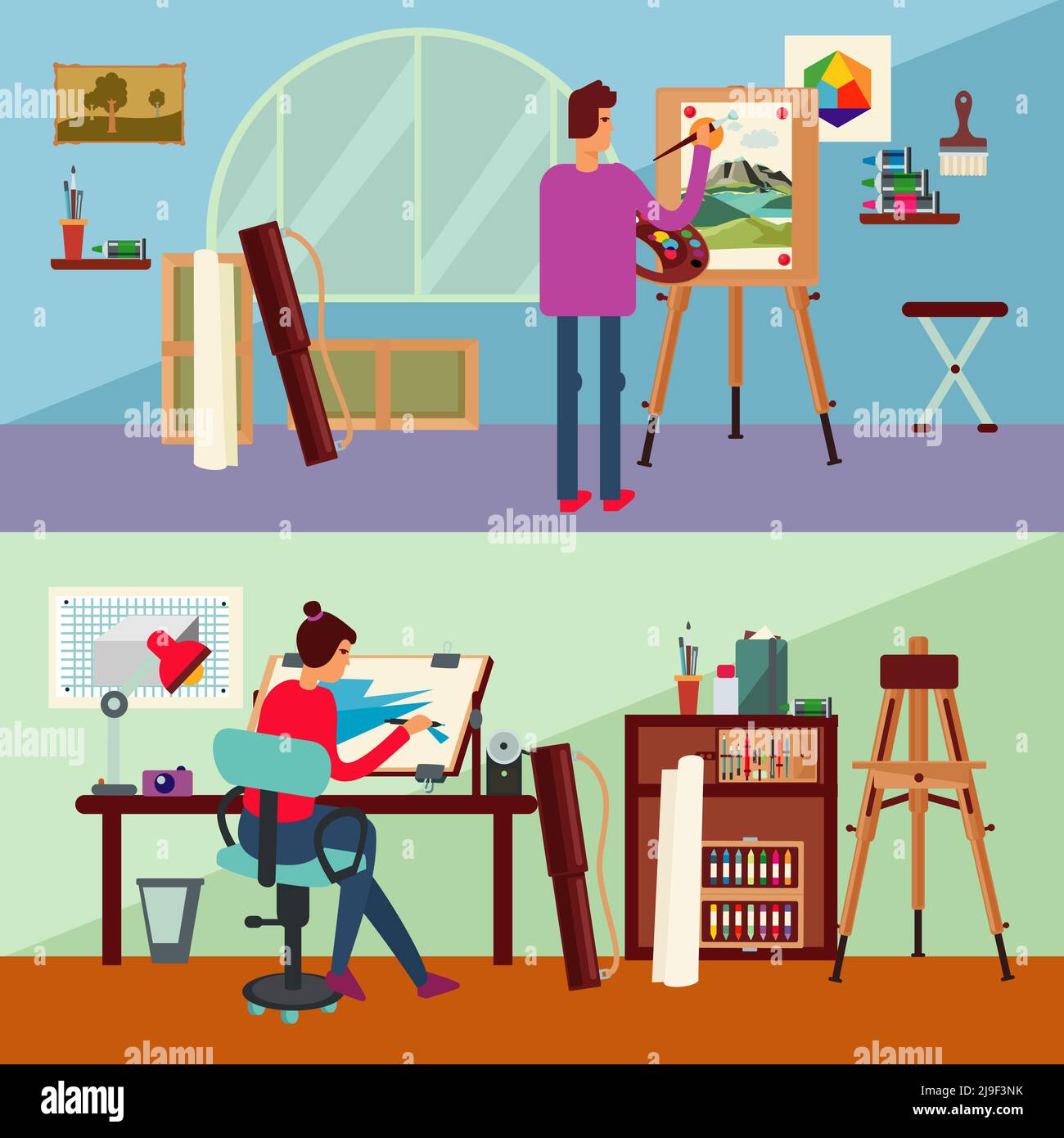 Art studio horizontal banners with working people interior furniture ...