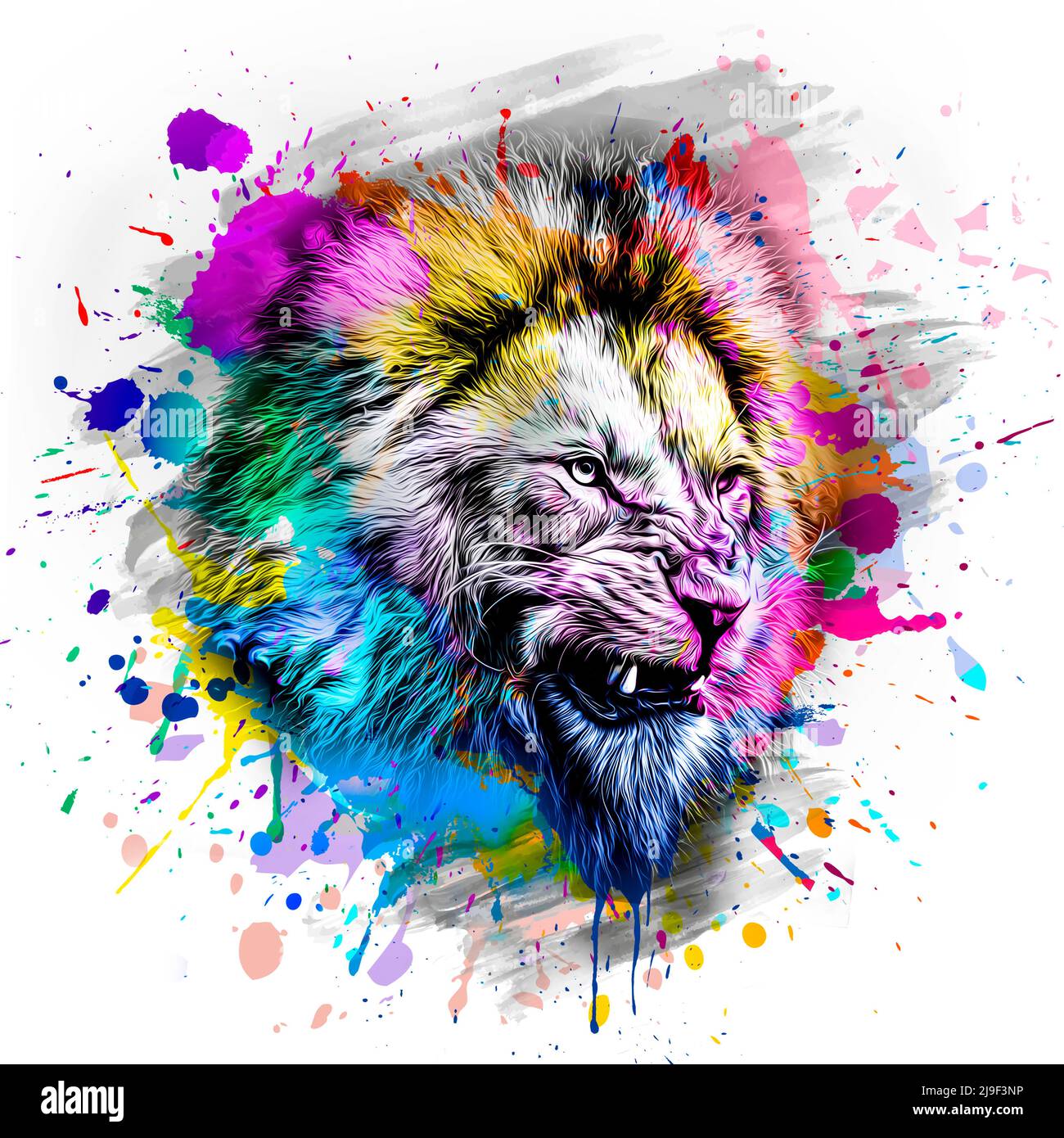 Colorful artistic lion muzzle with bright paint splatters Stock Photo ...