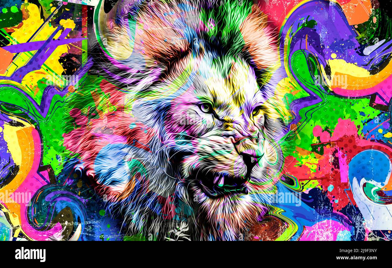 Colorful artistic lion muzzle with bright paint splatters Stock Photo ...