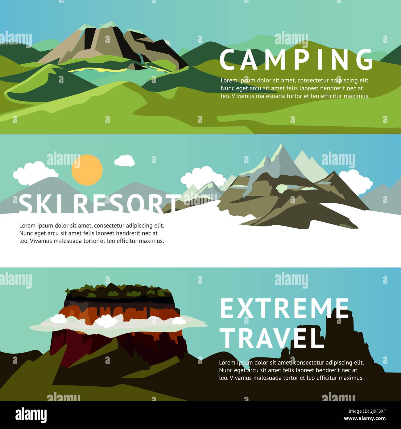 Outdoor recreation horizontal banners with mountain landscapes for ...