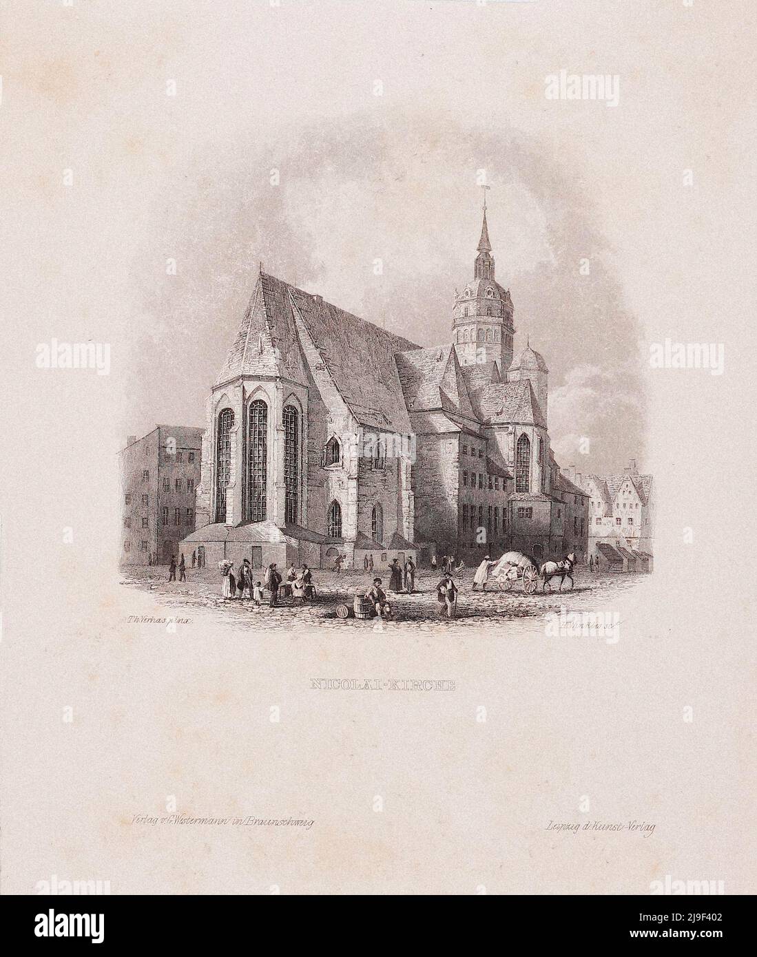 19th-century engraving of The St. Nicholas Church in Leipzig. Germany ...