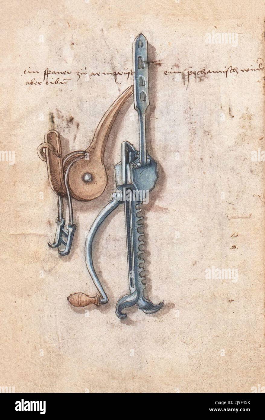 Medieval illustration of crossbow's iron cranequin. The tools of Martin ...
