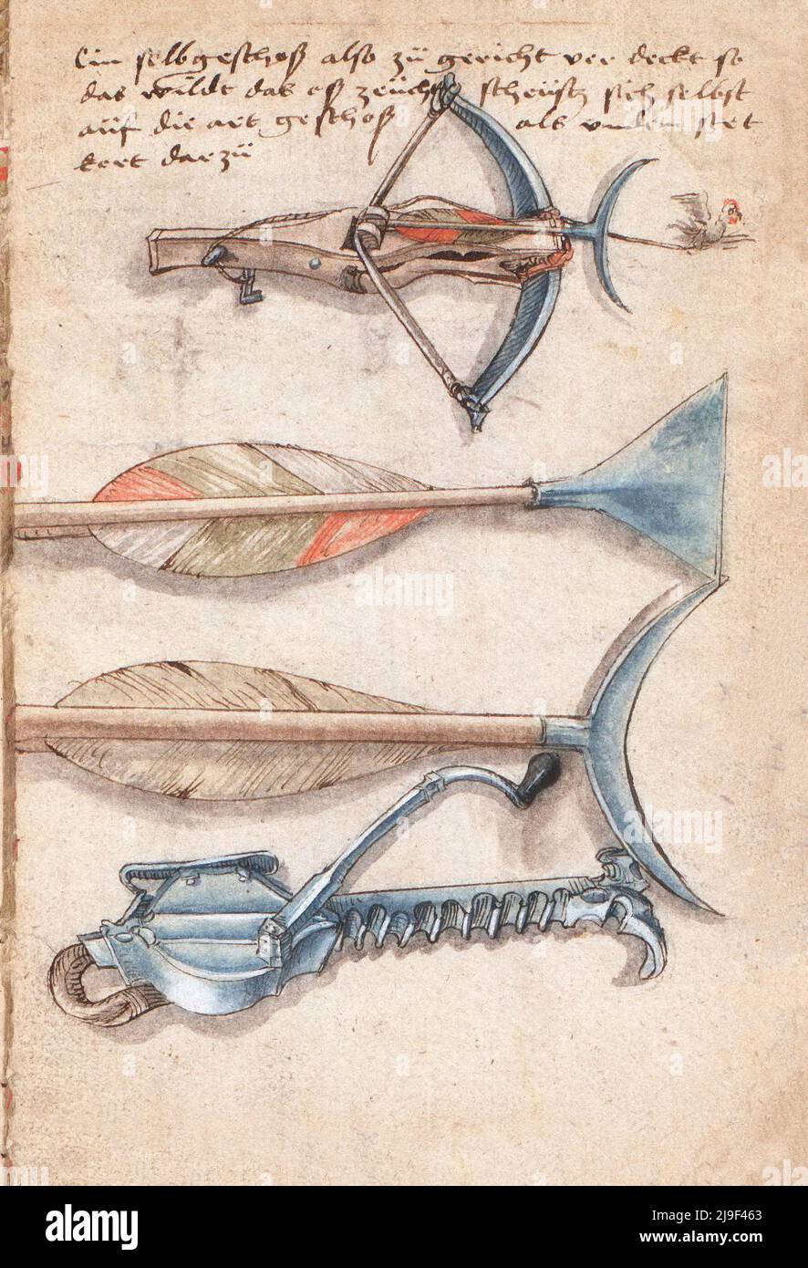 Medieval illustration of crossbow with special bolts and crossbow's ...