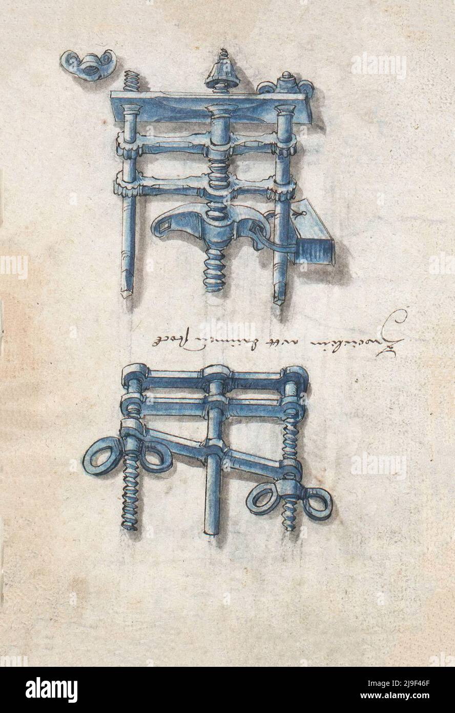 Medieval illustration of locksmith vise. The tools of Martin Löffelholz ...