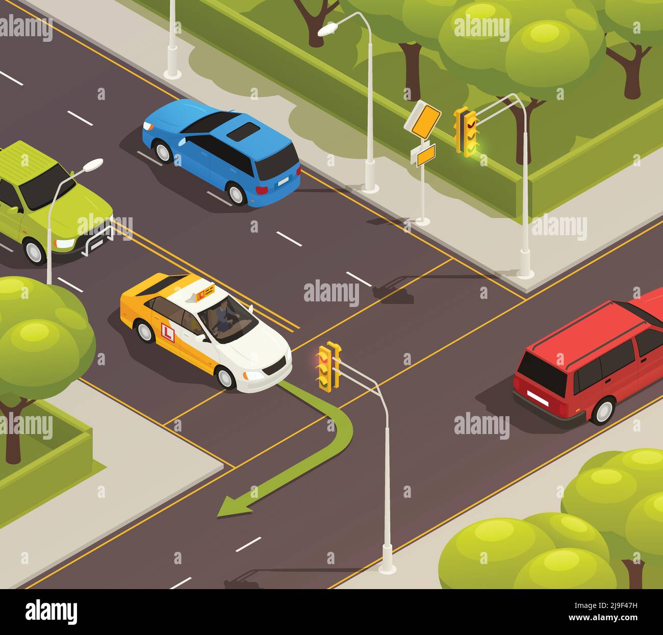 Driving school isometric composition with outdoor scenery of urban road ...