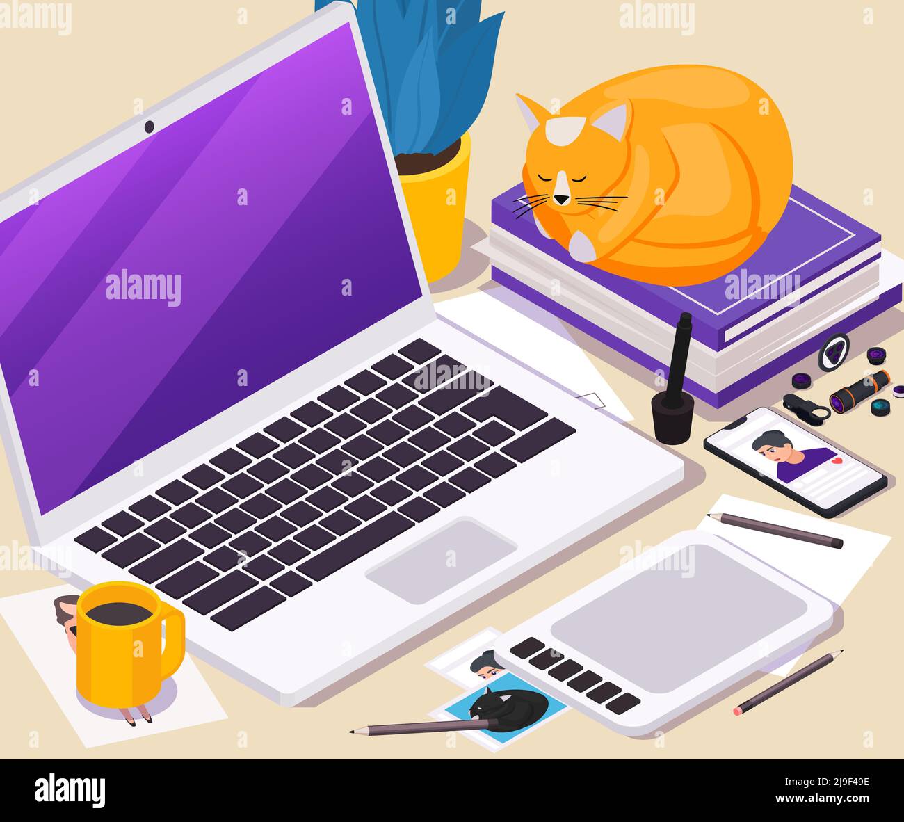 Work place isometric background with laptop tablet mobile phone and ...