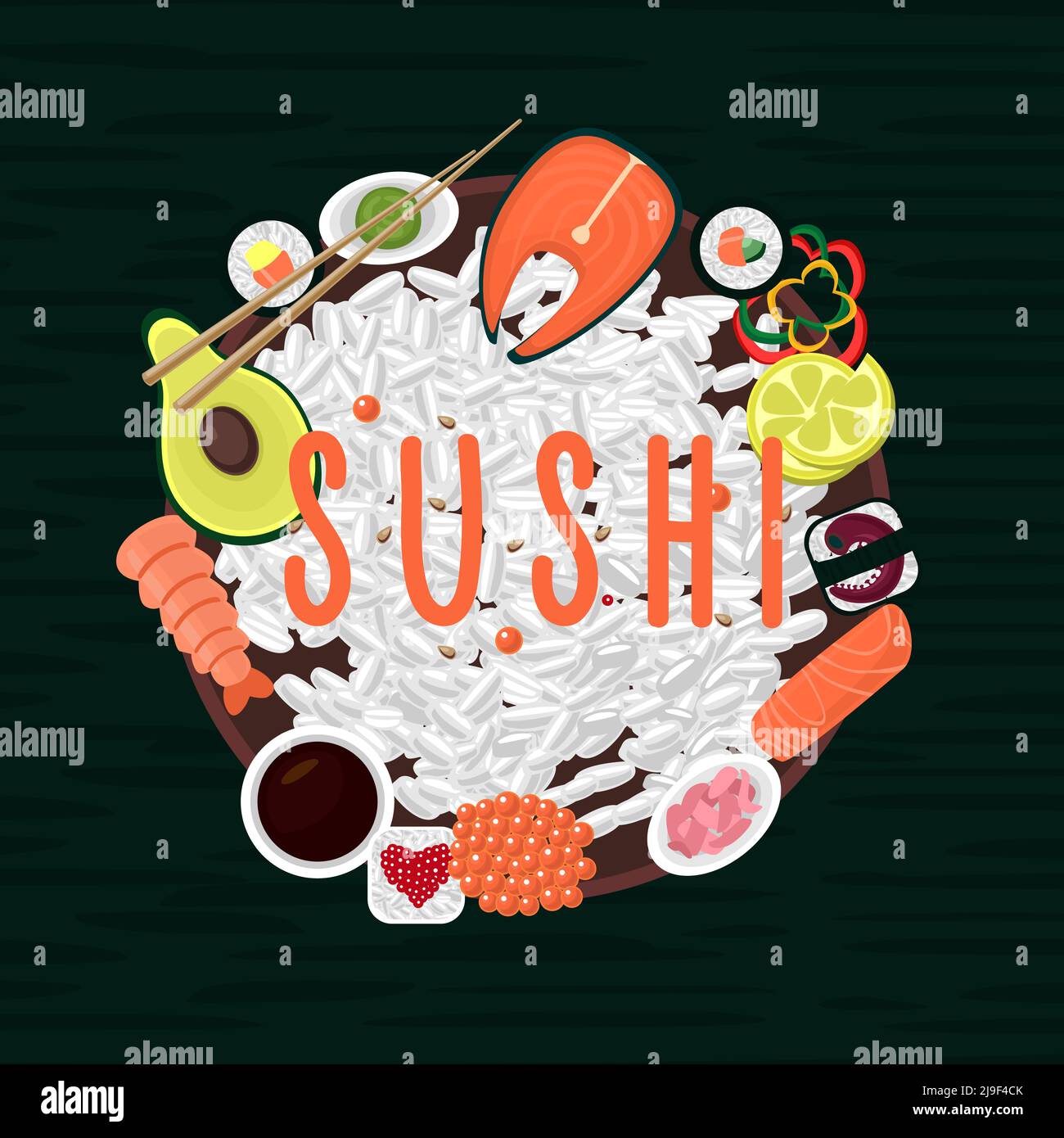Cartoon japanese food concept with ingredients for sushi preparation in ...