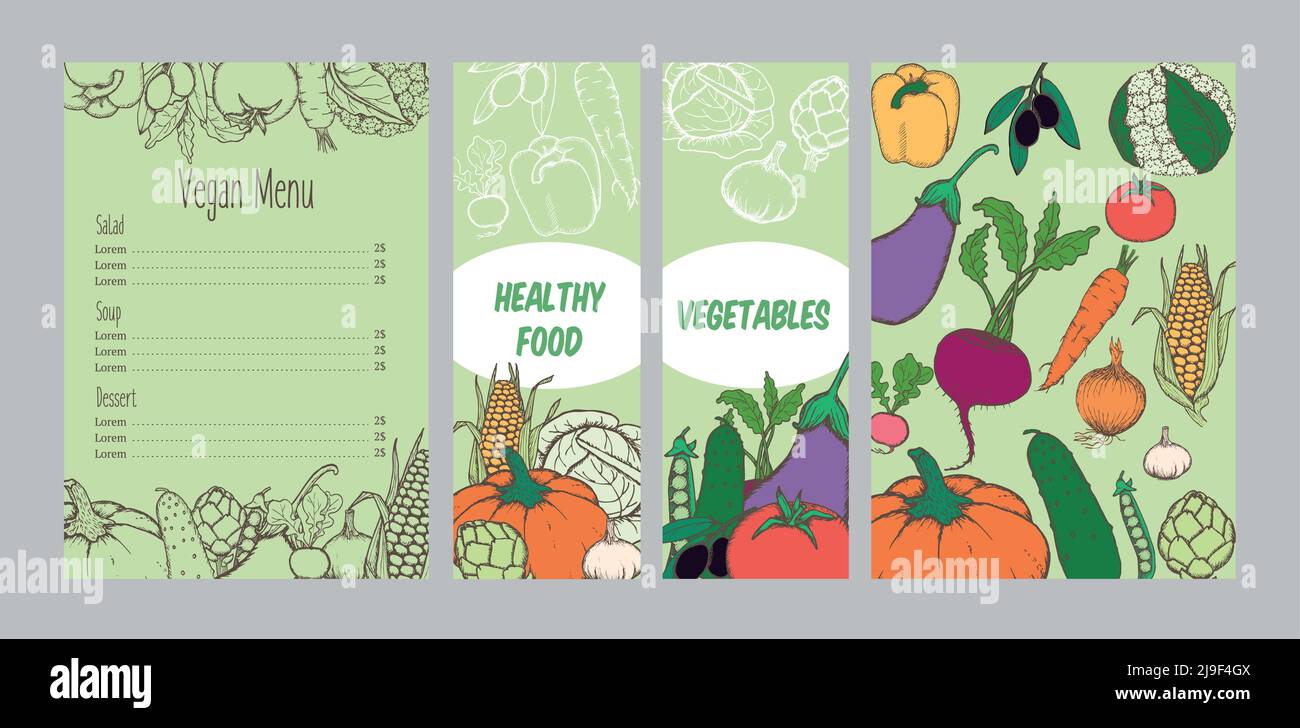 Colorful vegetarian menu template with hand drawn healthy vegetables ...