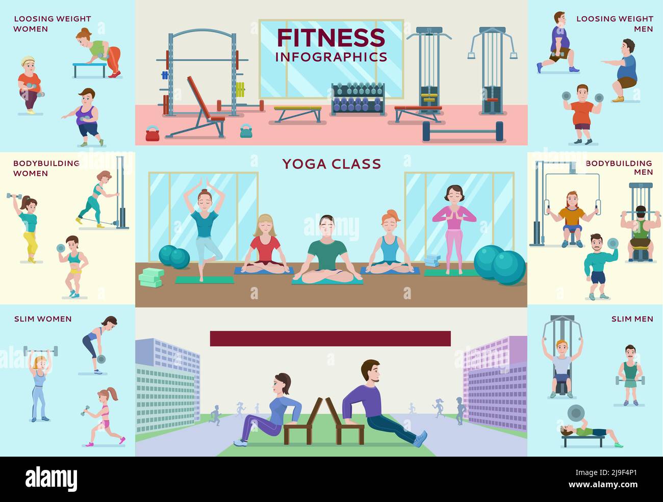 Colorful fitness infographic horizontal banners with people training in ...