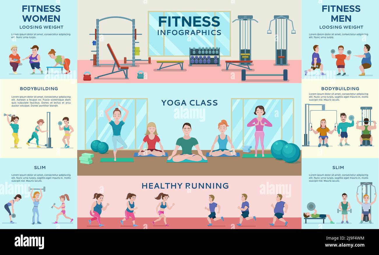 Sport Fitness Infographic Horizontal Banners With Gym Equipment People