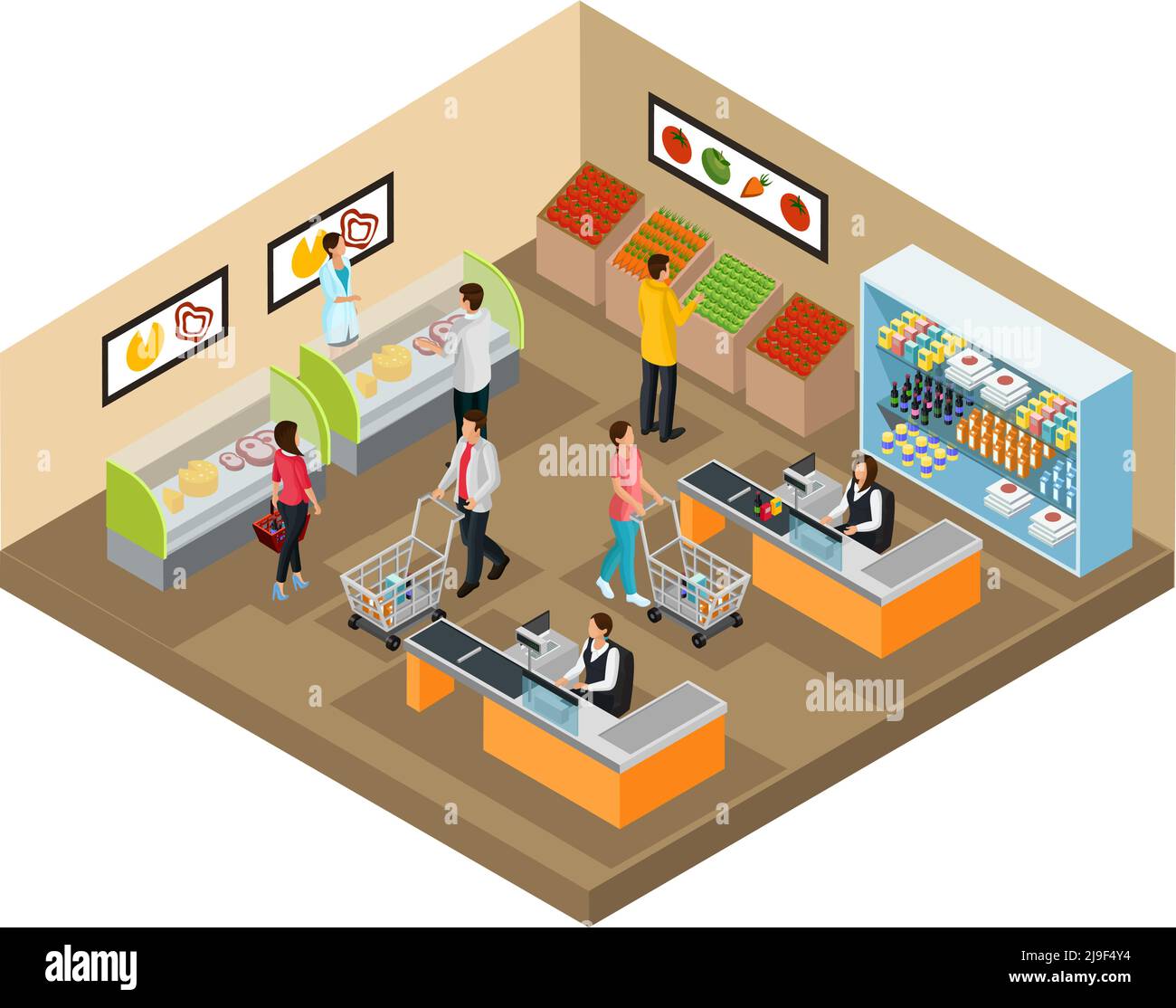Isometric grocery shop concept with cashiers carts baskets shelves ...