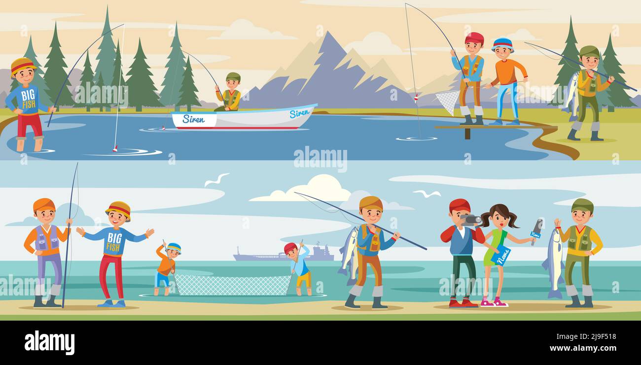 Outdoor activity horizontal banners with people fishing on lake and ...