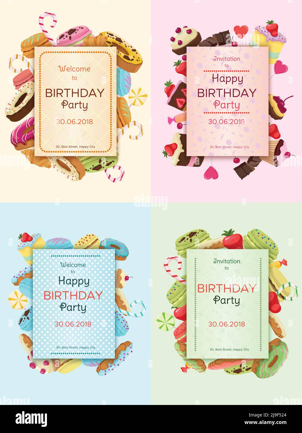 Colorful birthday party invitation cards with desserts pastry baking ...