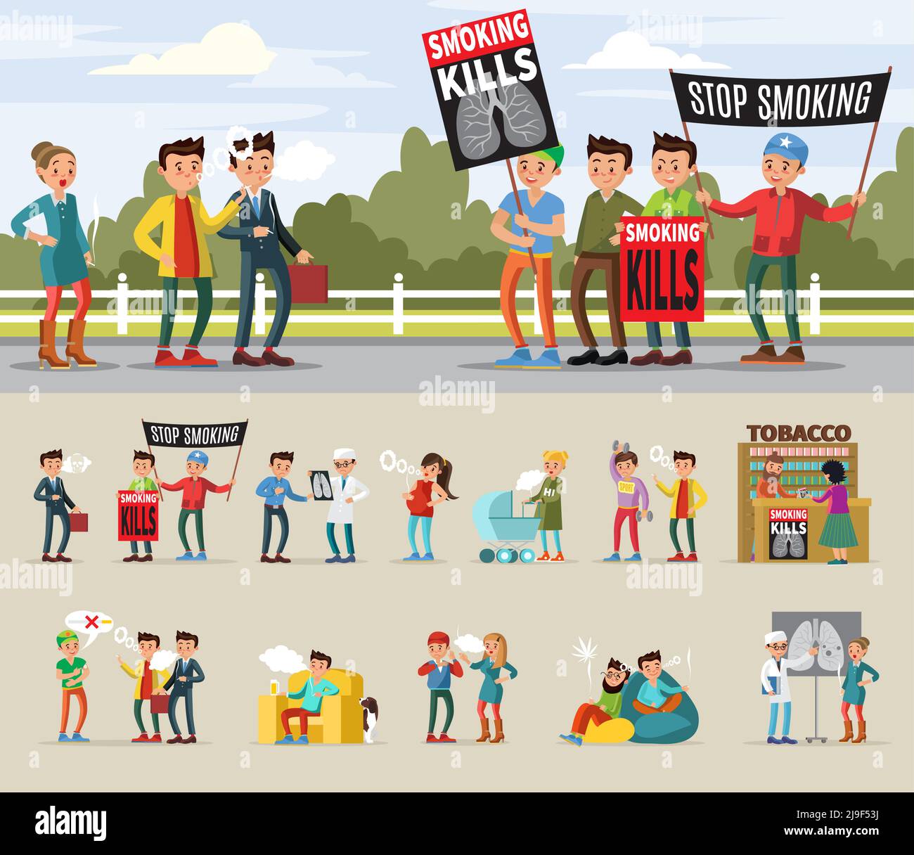 Demonstration against smoking concept with people group holding ...