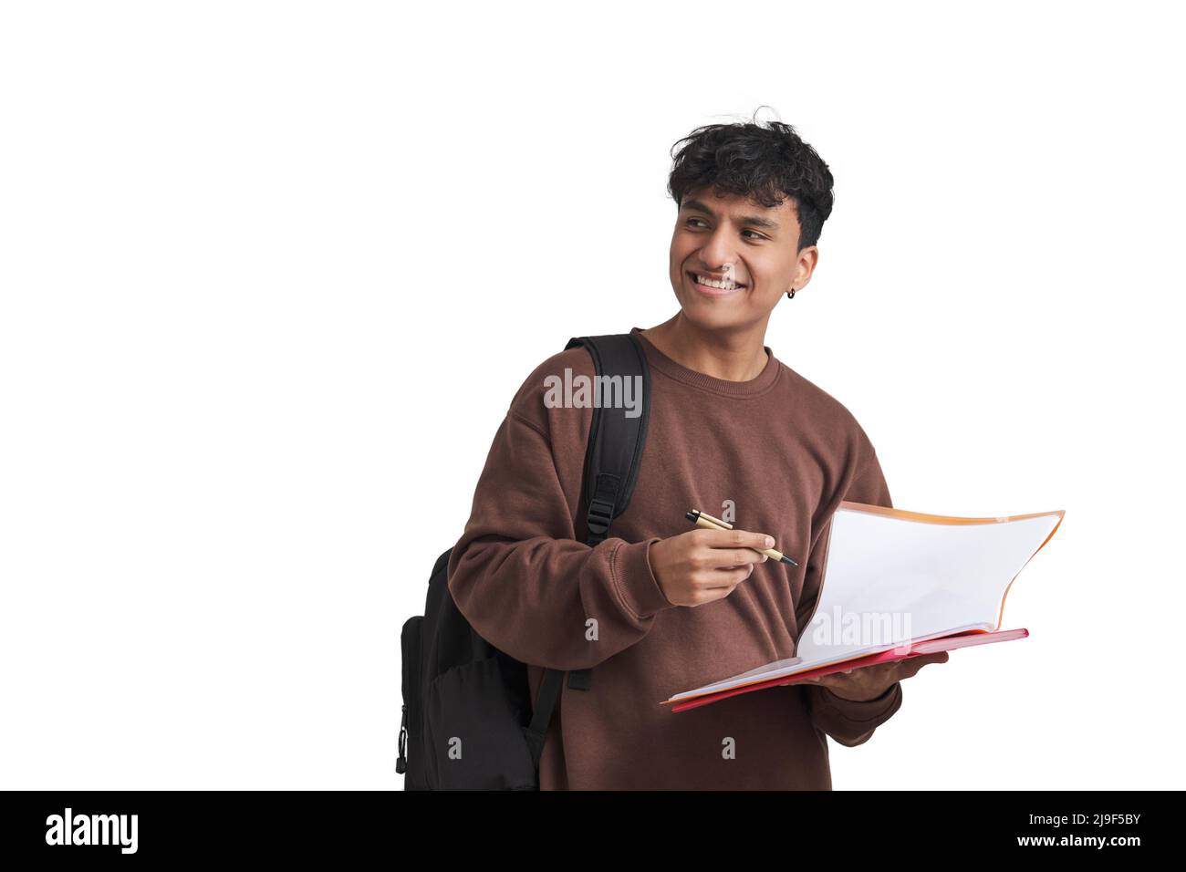 Young peruvian student smile and look at a side holds pen and folder ...