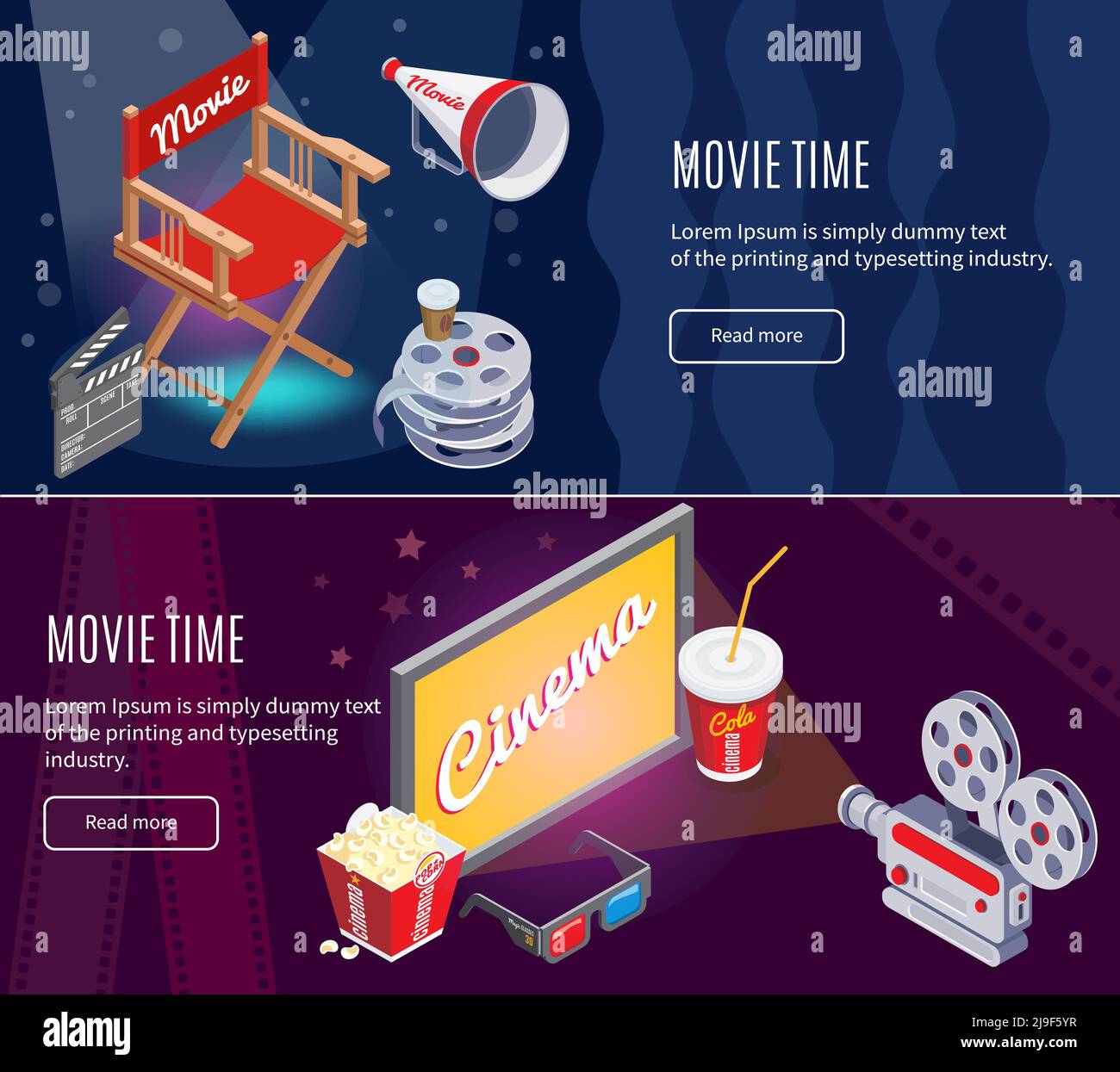Isometric colorful cinematography horizontal banners with movie ...
