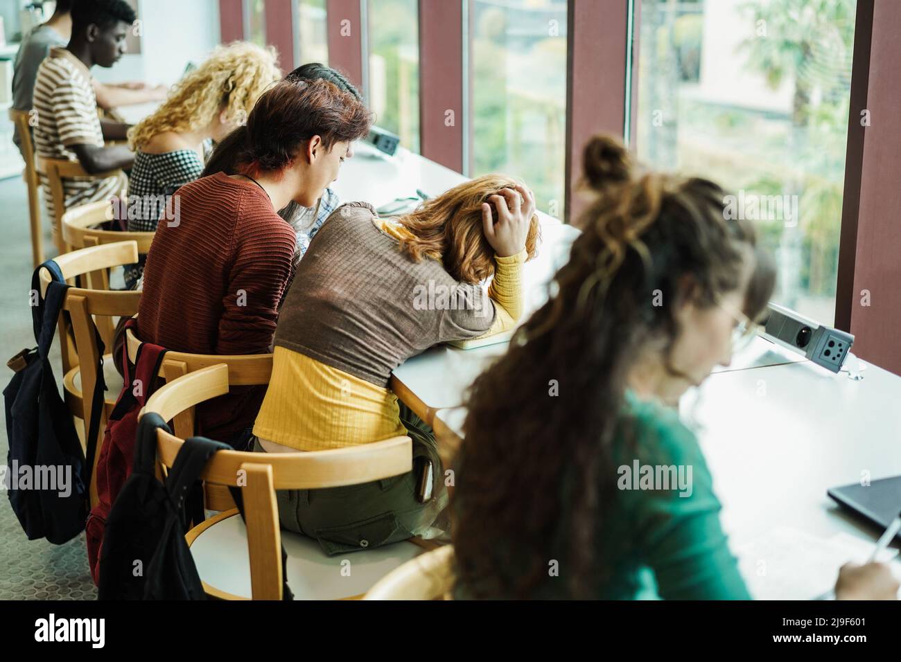 Young multiethnic group of students studying inside university library ...