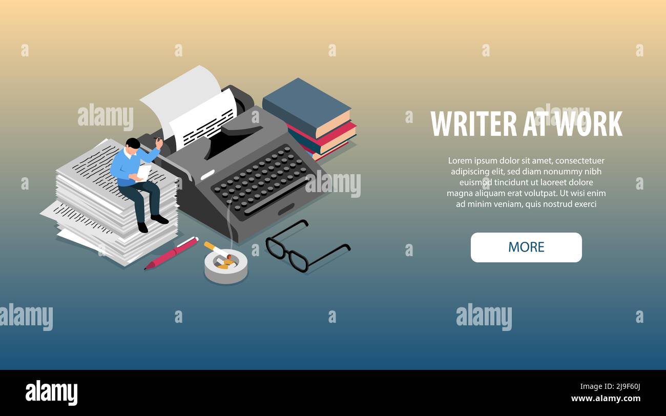 Writer at work attributes accessories tools isometric horizontal web ...