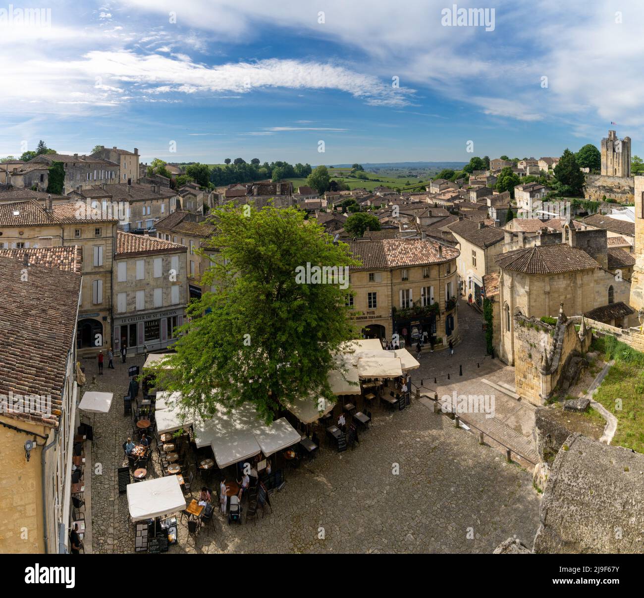 Saint-Emilion, France - 10 May, 2022: village square with shops and ...