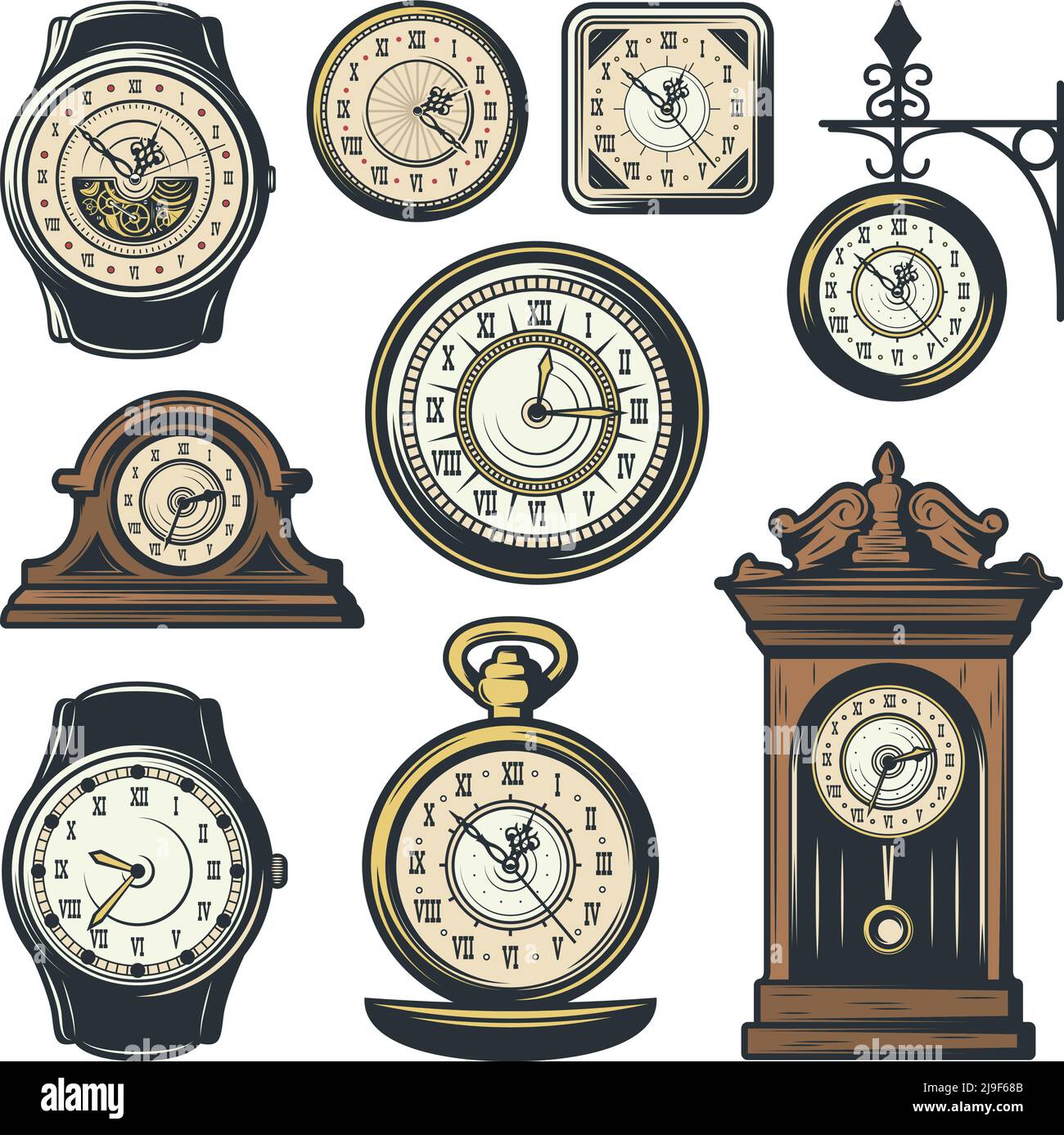 Colored classic watches collection with clocks of different shapes and ...