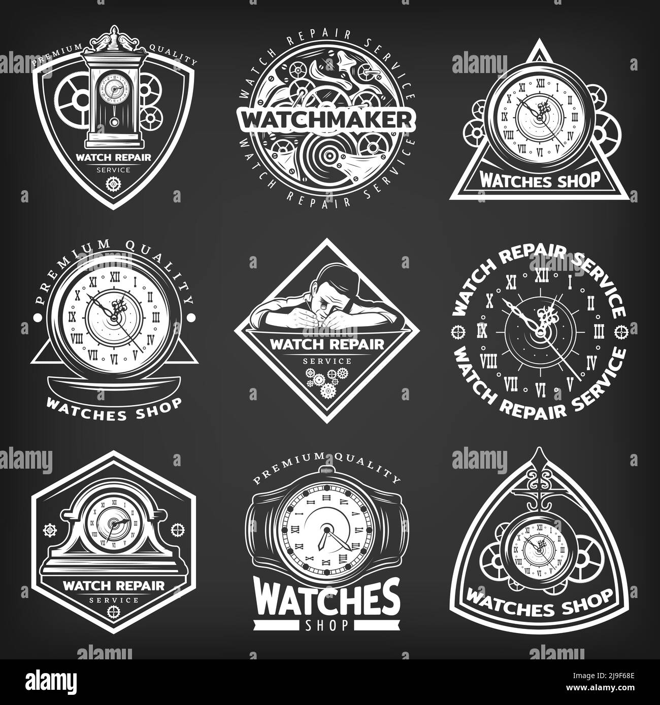 Vintage white clocks repair service emblems with letterings working ...