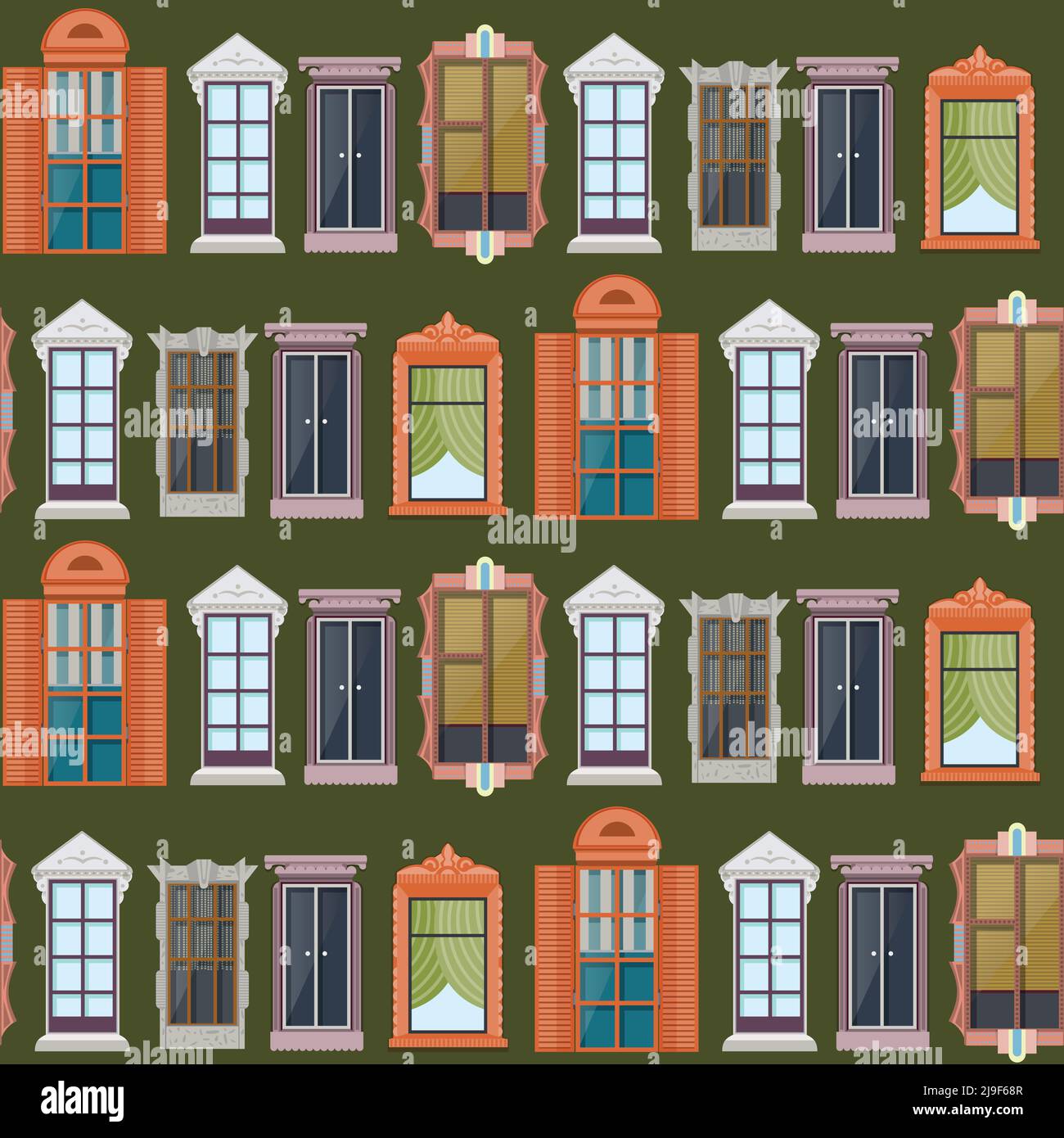 Flat colorful windows seamless pattern with exterior objects of ...