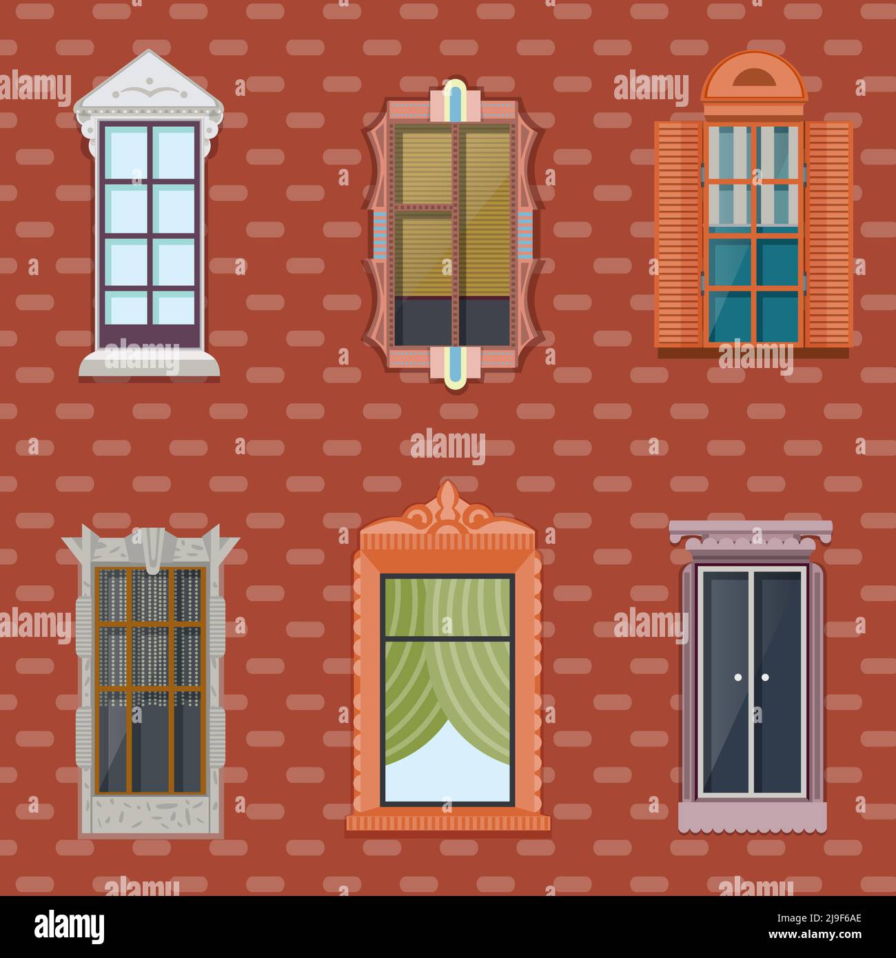 Colorful detailed windows flat set of different architecture and ...