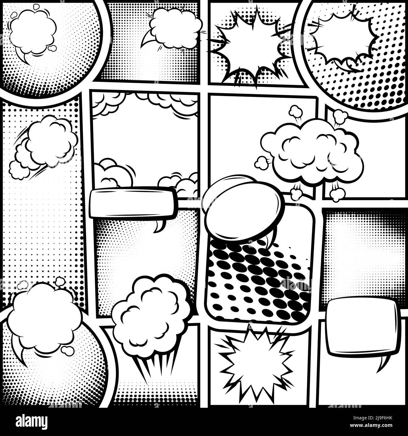 Comic book page template with blank speech bubbles sound and halftone effects in monochrome ...