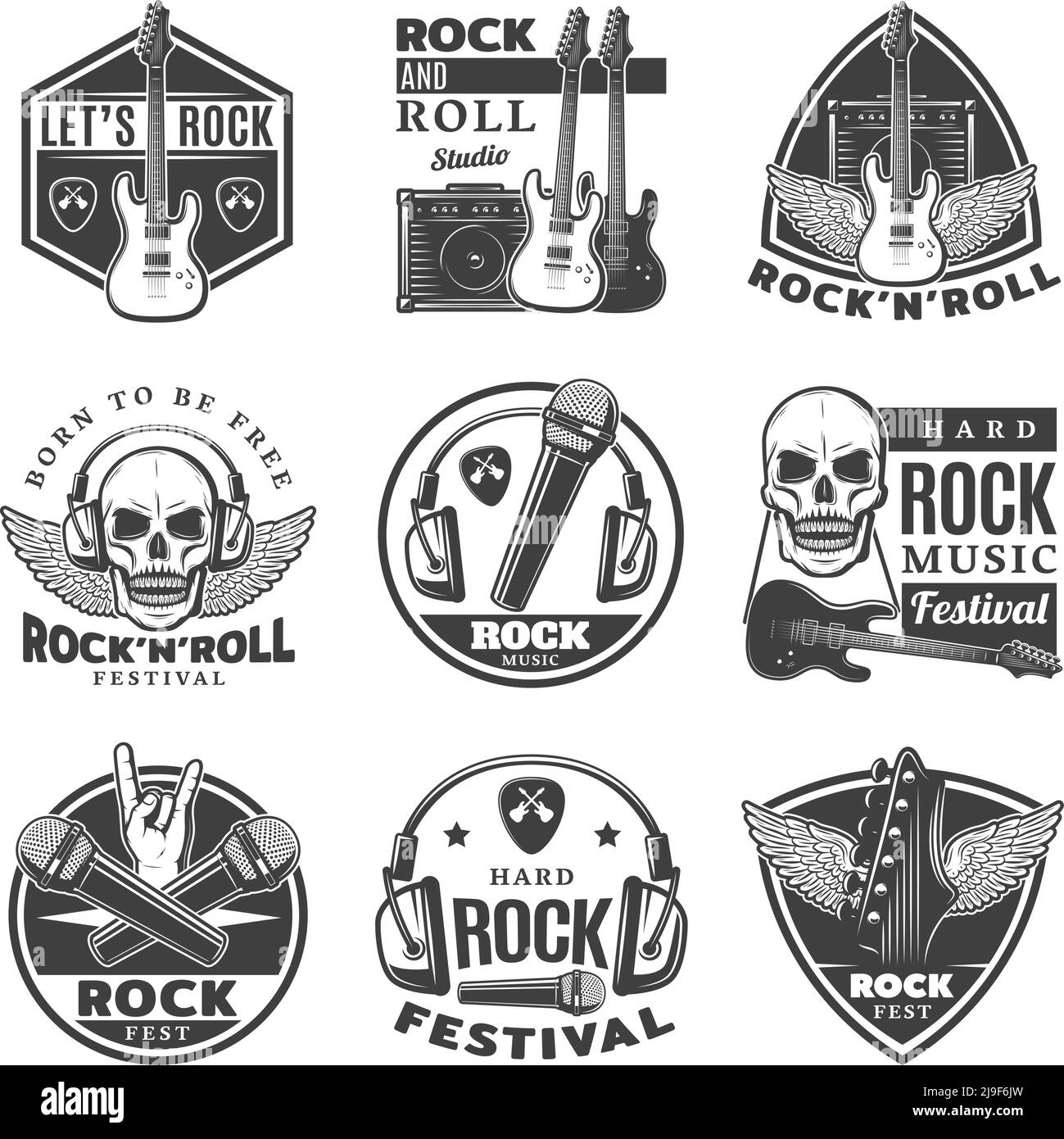Vintage monochrome rock music labels set with inscriptions guitars ...