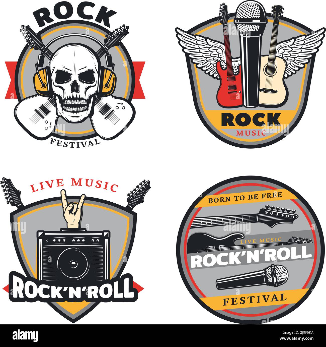 Vintage colored rock music emblems set with crossed guitars skull ...