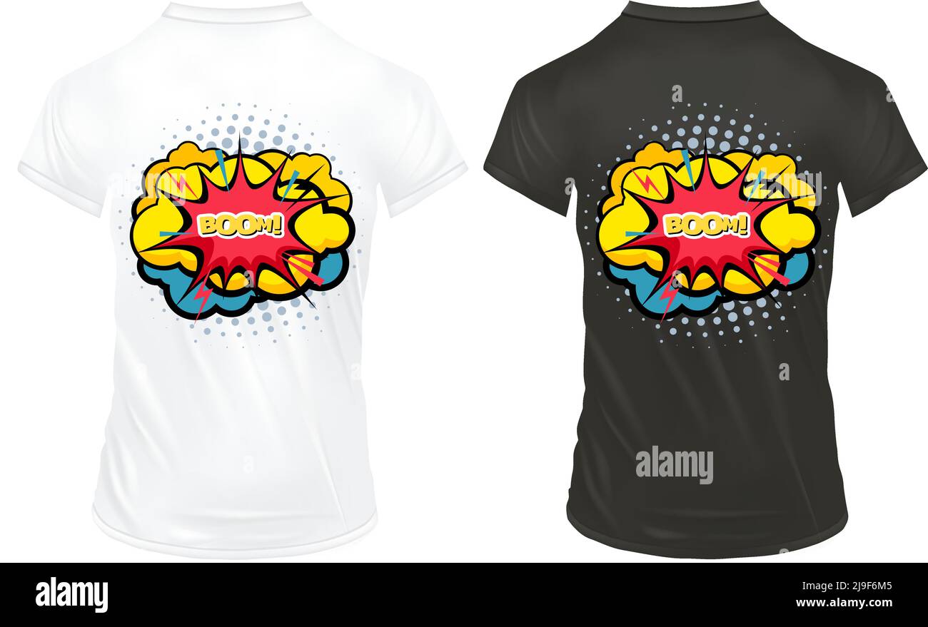 Bright comic print template with colorful explosive speech bubbles boom ...