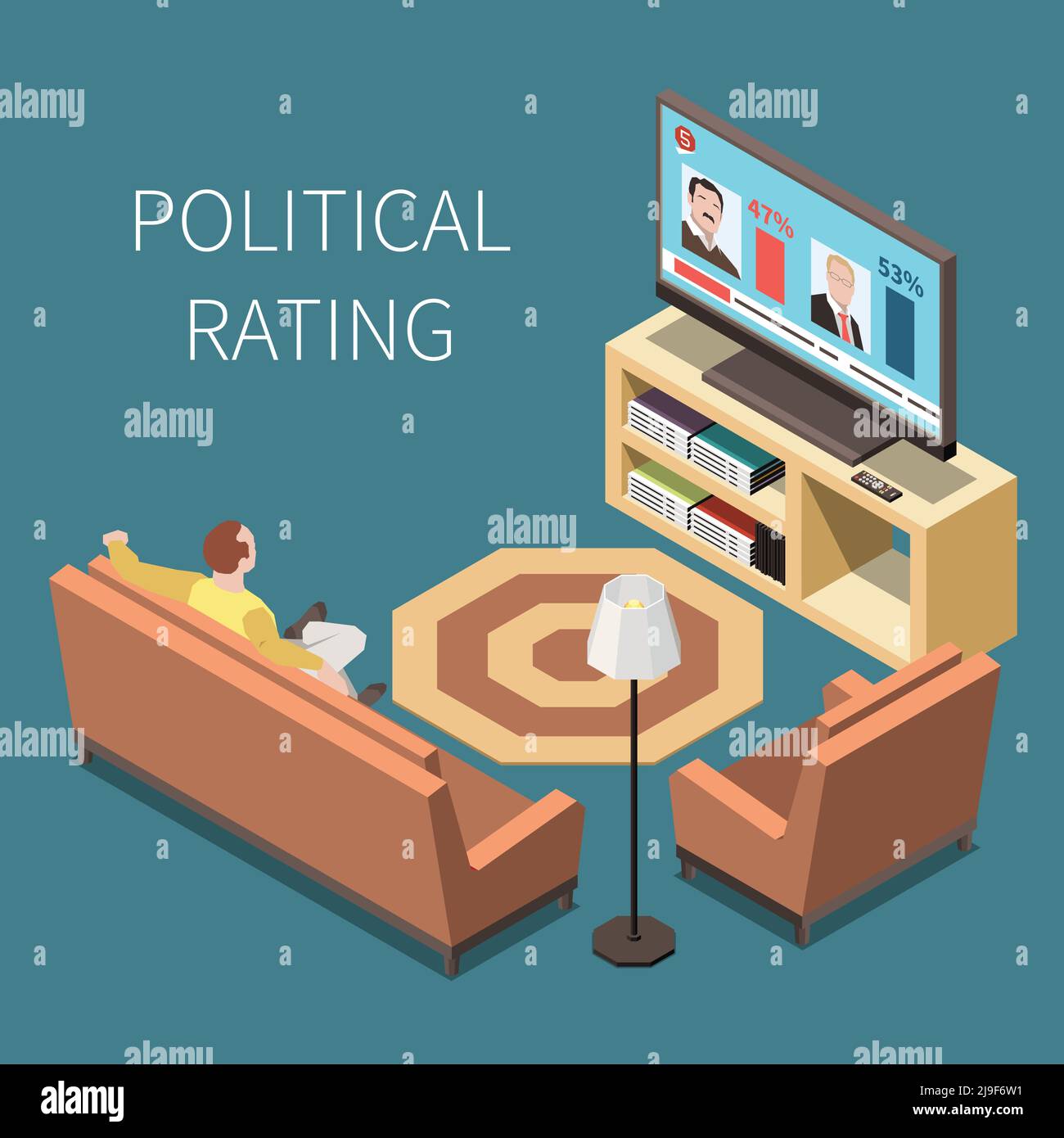 Political rating isometric background with man in home interior ...