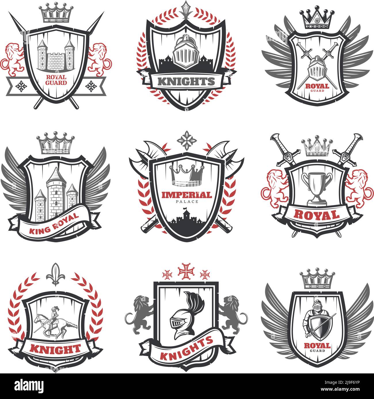 Medieval knight coats of arms set with heraldic shields weapon and ...