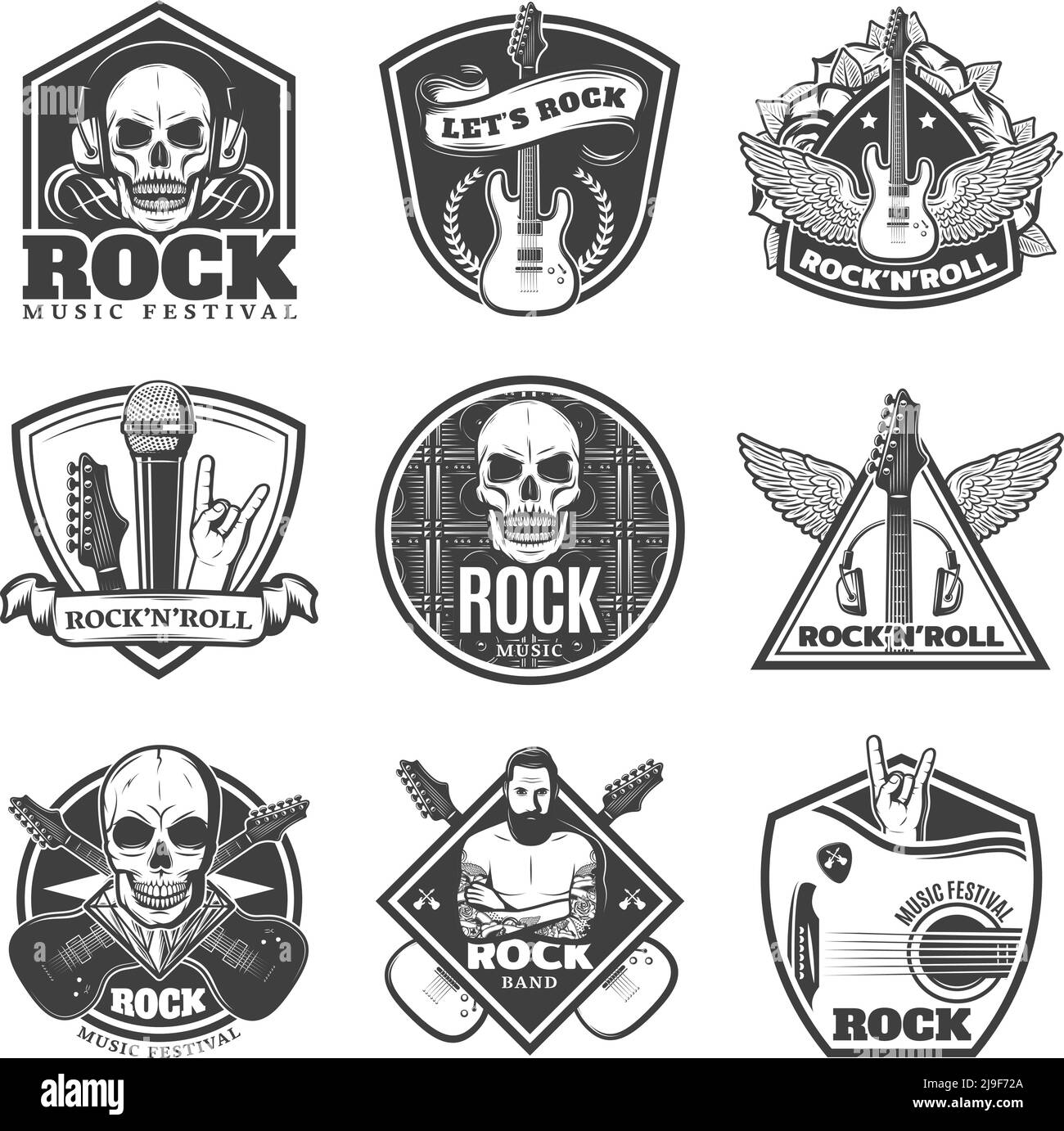 Vintage monochrome rock music emblems set with letterings skulls ...
