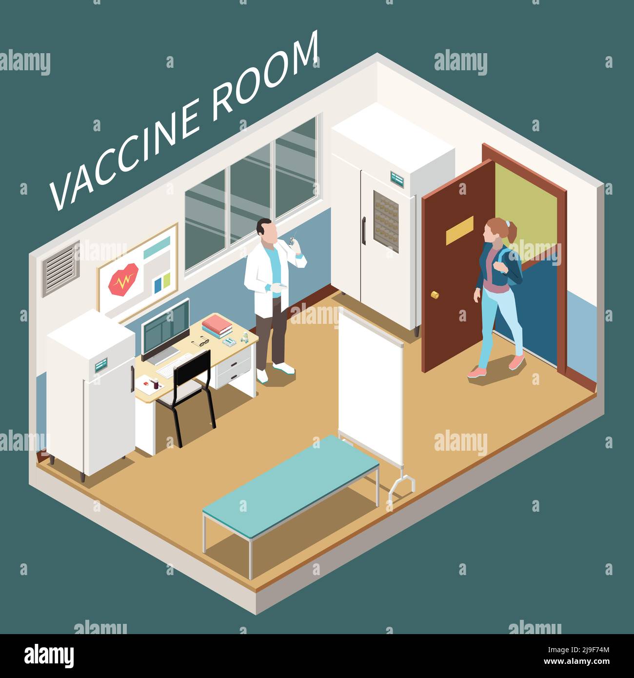 Vaccine room interior isometric composition with young woman who came ...